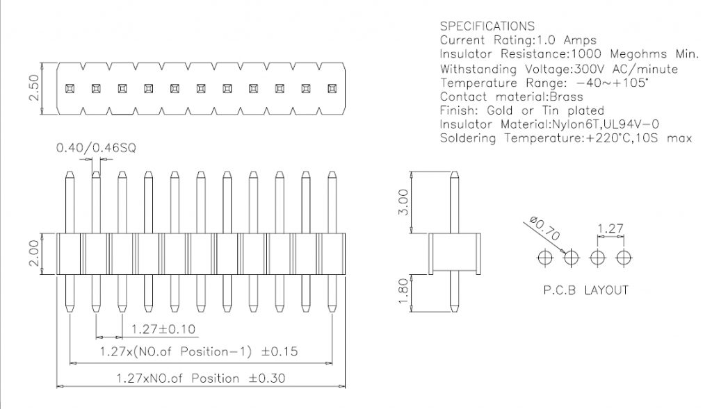 1.27mm Straight Pin Header Connectors Through hole | Smolex